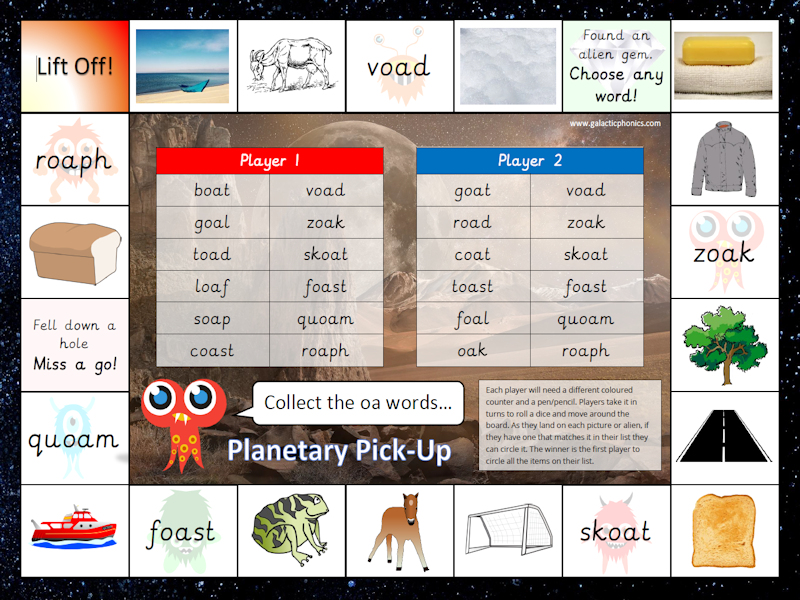 Free 'oa' worksheets and games - Galactic Phonics