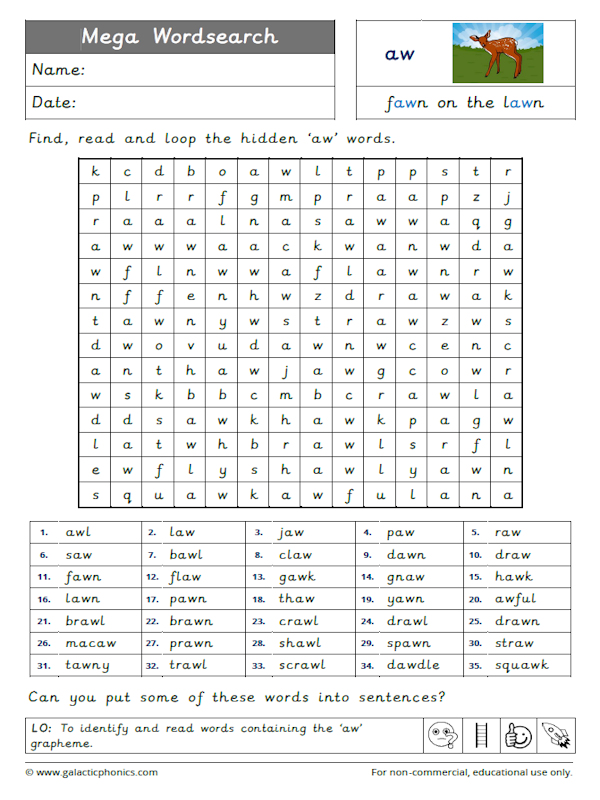 aw phonics worksheets and games - Galactic Phonics