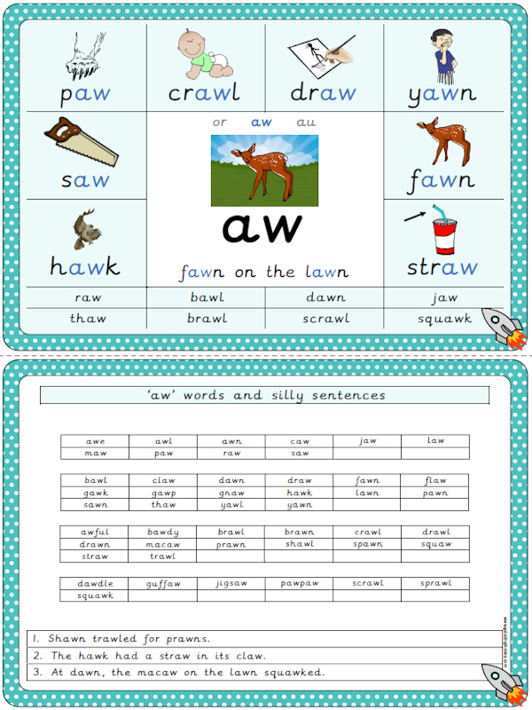aw phonics worksheets and games - Galactic Phonics