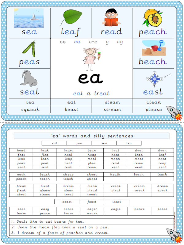 Free 'ea' phonics worksheets and games - Galactic Phonics