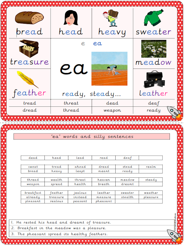 'ea' (short e) phonics worksheets and games - Galactic Phonics