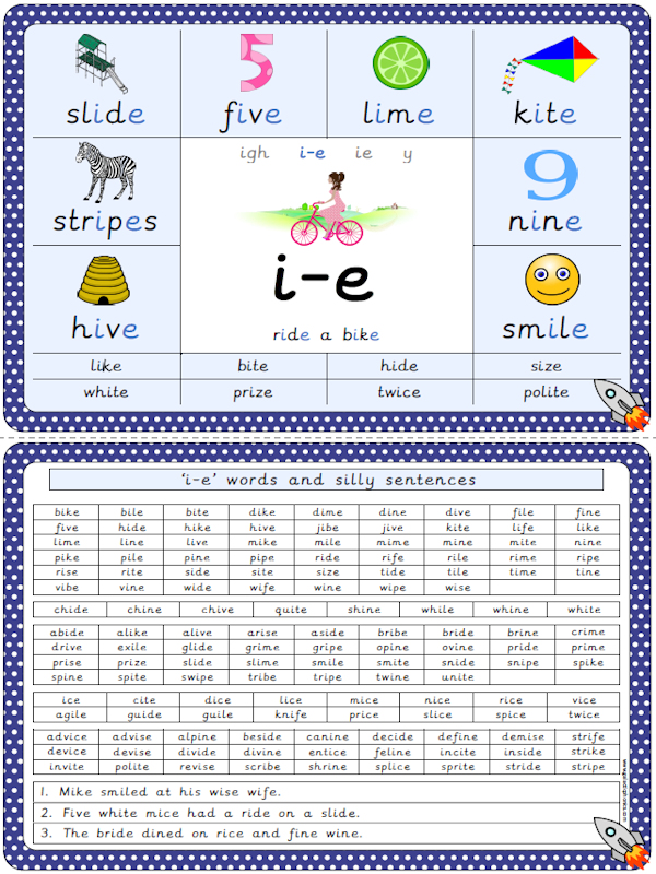 Free 'i-e' (split digraph) worksheets and games - Galactic Phonics