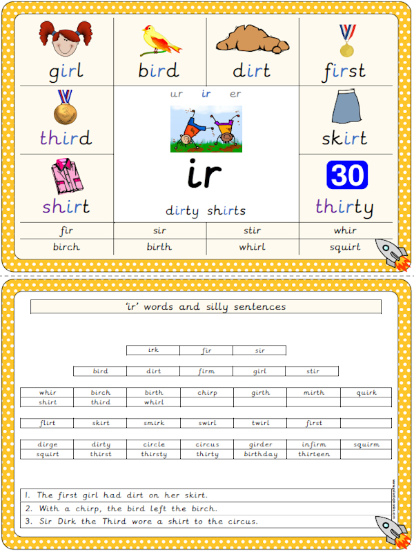 'ir' phonics worksheets and games - Galactic Phonics