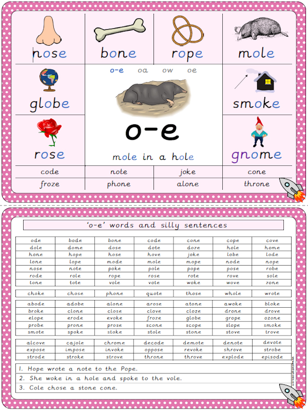 Free 'o-e' (split digraph) worksheets and games - Galactic Phonics