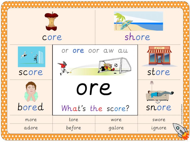 'ore' phonics worksheets and games - Galactic Phonics