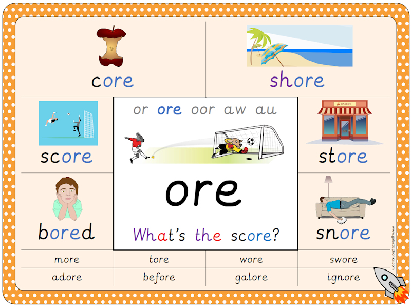 'ore' phonics worksheets and games - Galactic Phonics