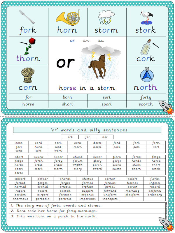 'or' phonics worksheets and games - Galactic Phonics