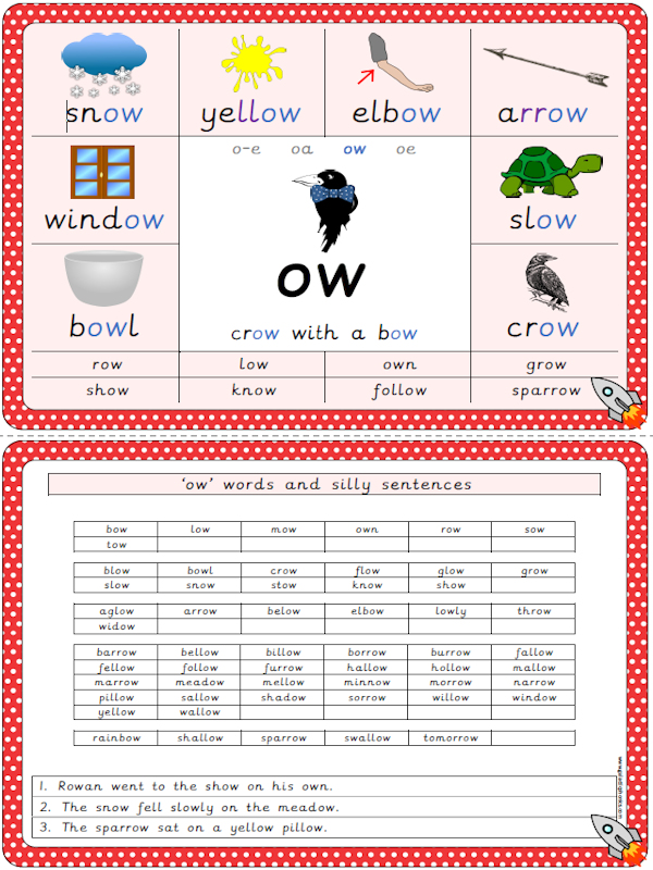 'ow' (long o) phonics worksheets and games - Galactic Phonics