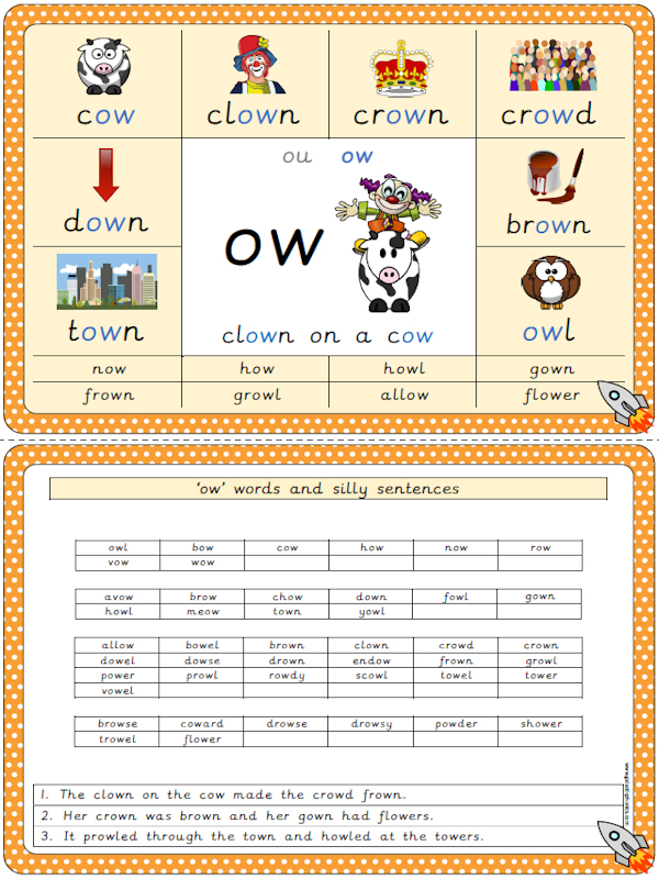 'ow' phonics worksheets and games - Galactic Phonics