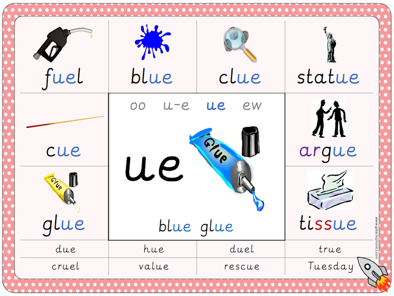 Free 'ue' phonics worksheets and games - Galactic Phonics