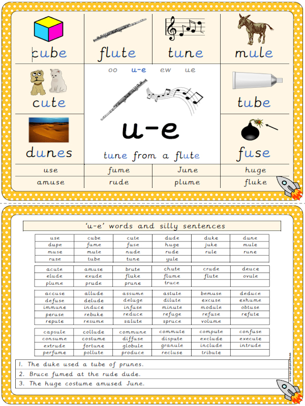 Free 'u-e' (split digraph) phonics worksheets and games - Galactic Phonics