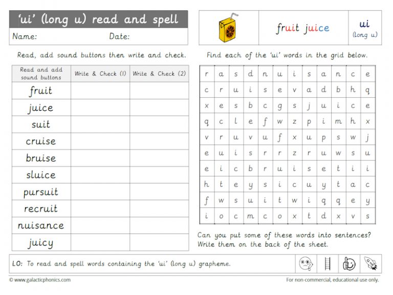 Free 'ui' phonics worksheets and games - Galactic Phonics