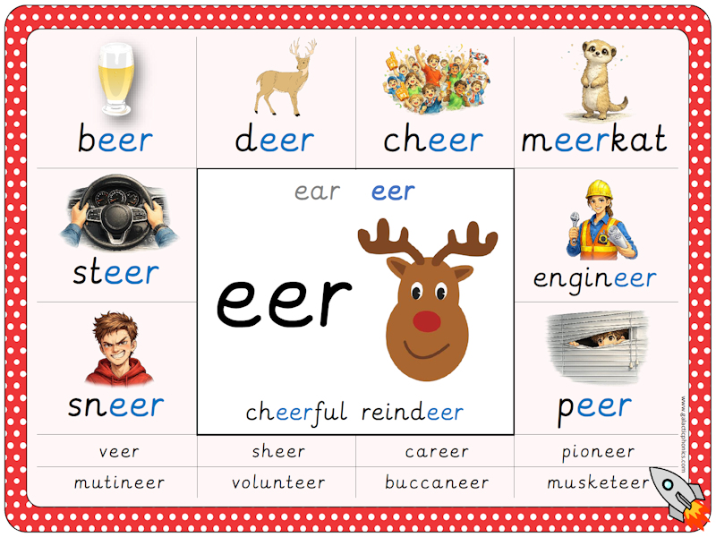 'eer' phonics worksheets and games - Galactic Phonics