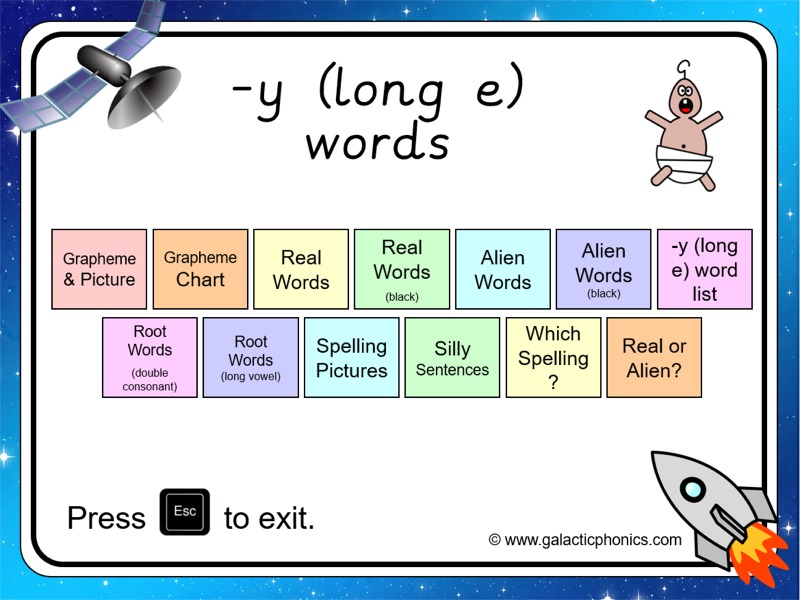 y (long e) phonics worksheets and games - Galactic Phonics