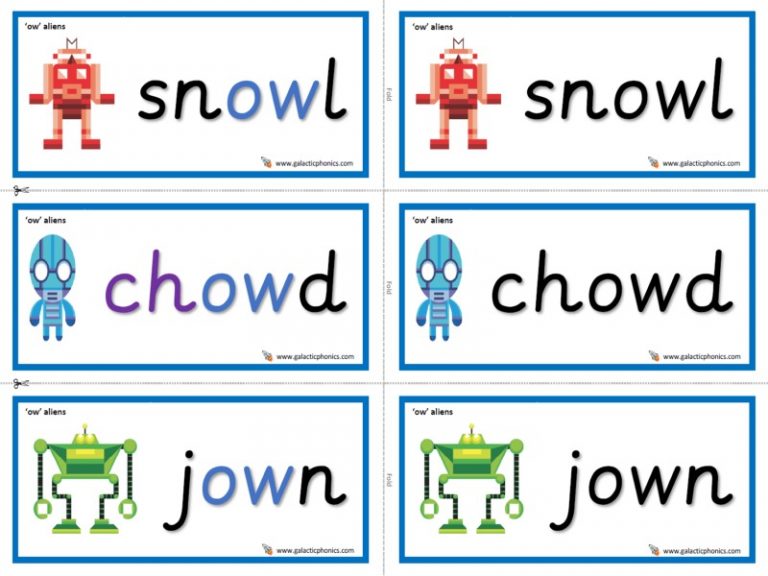 'ow' phonics worksheets and games - Galactic Phonics