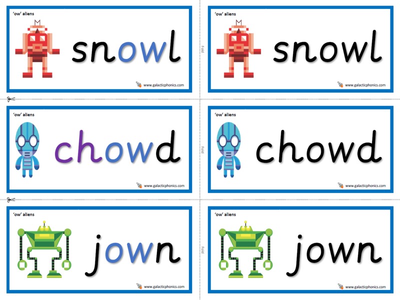 'ow' phonics worksheets and games - Galactic Phonics