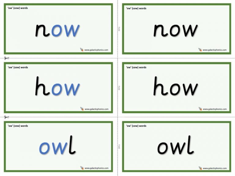 'ow' phonics worksheets and games - Galactic Phonics