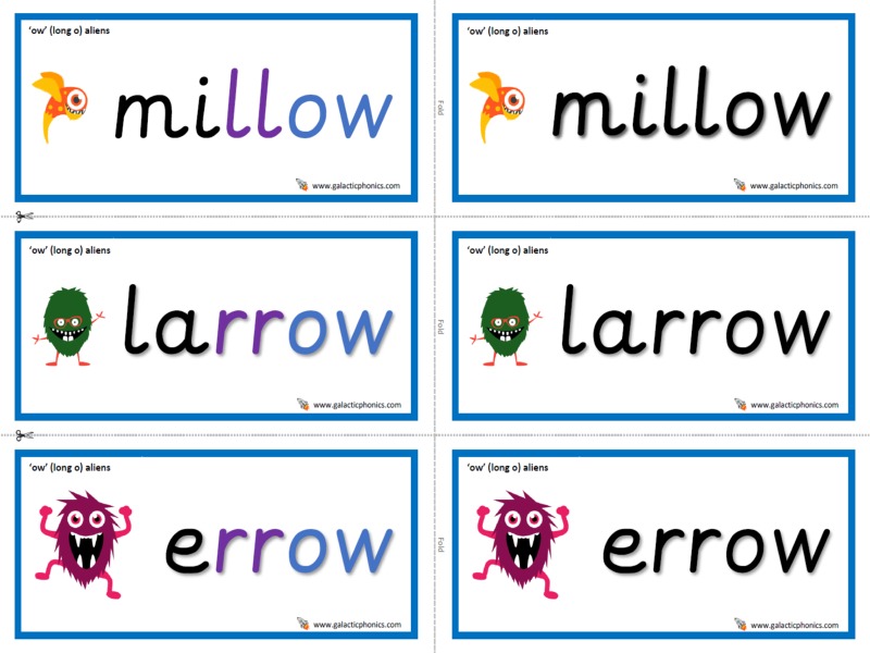 'ow' (long o) phonics worksheets and games - Galactic Phonics