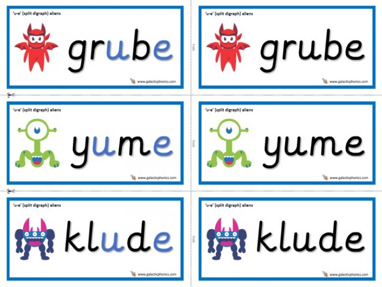 Free 'u-e' (split digraph) phonics worksheets and games - Galactic Phonics