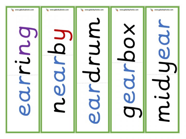 'ear' phonics worksheets and games - Galactic Phonics