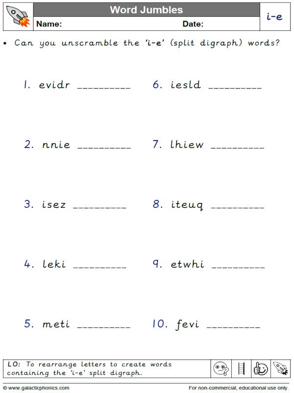 ie split digraph worksheets and games - Galactic Phonics