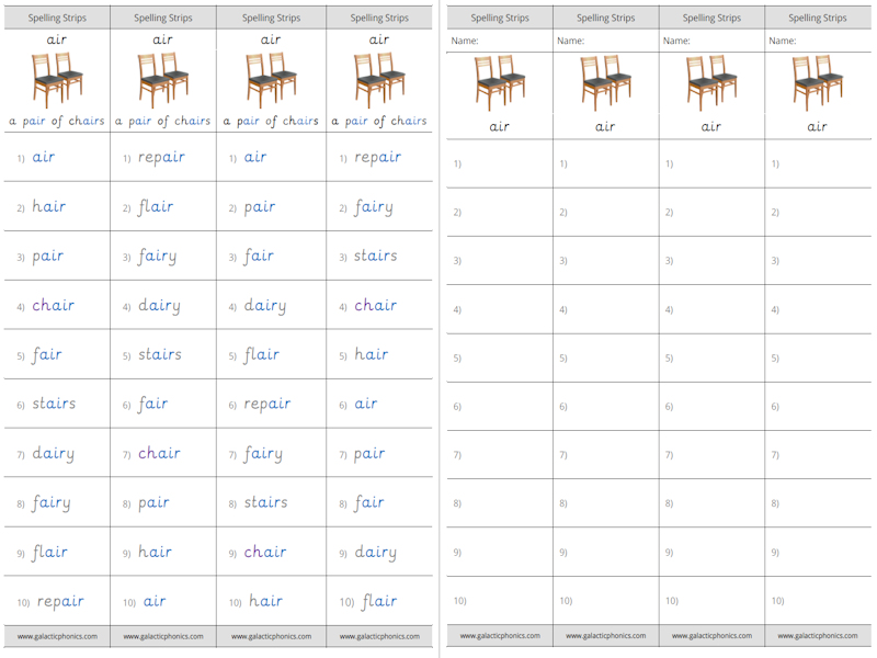 'air' phonics worksheets and games - Galactic Phonics
