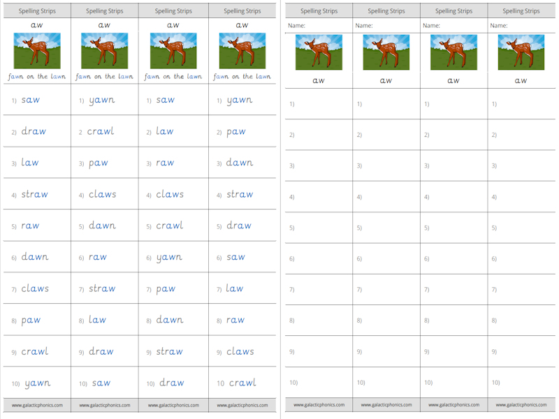 aw phonics worksheets and games - Galactic Phonics