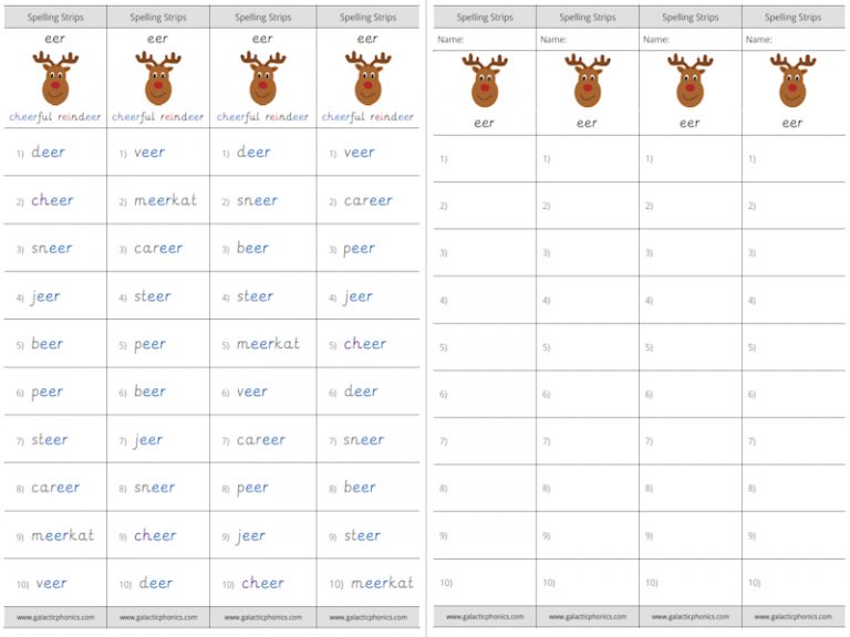 'eer' phonics worksheets and games - Galactic Phonics