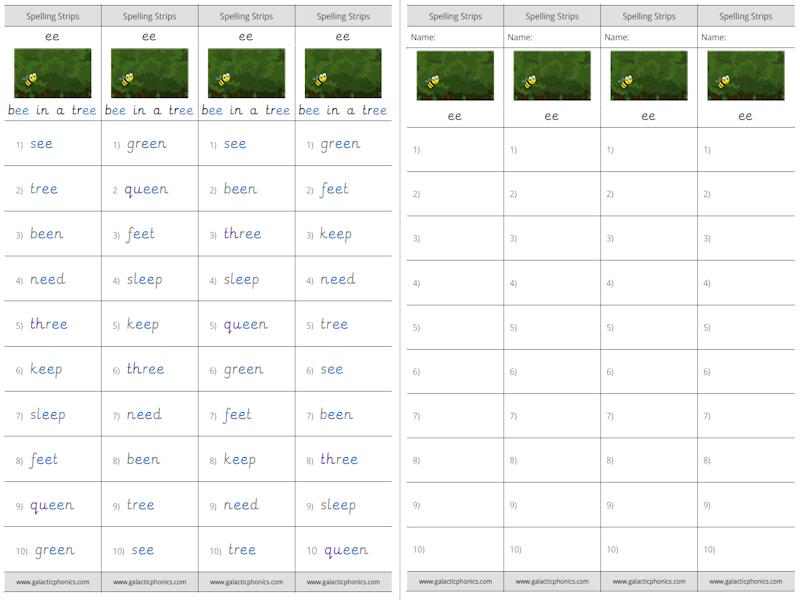 Free 'ee' phonics woksheets and games - Galactic Phonics
