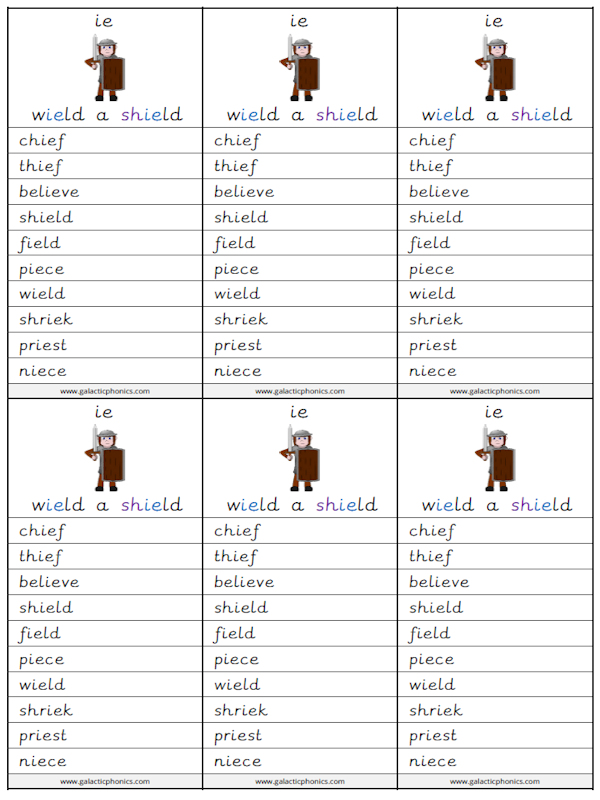 Free 'ie' (long e) phonics worksheets and games - Galactic Phonics