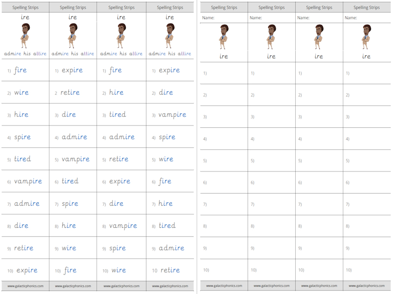 'ire' phonics worksheets and games - Galactic Phonics