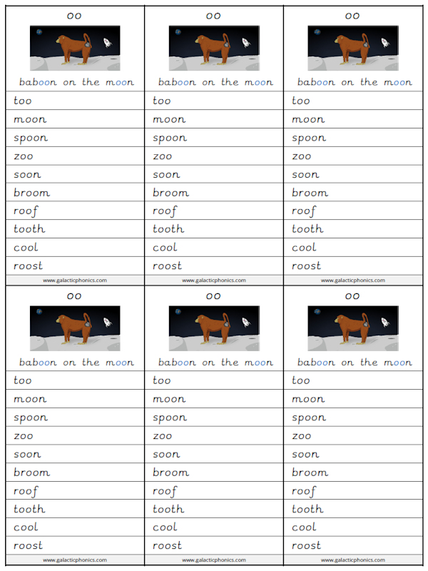 Free 'oo' (long u) worksheets and games - Galactic Phonics