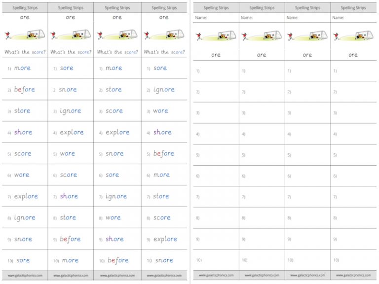 'ore' phonics worksheets and games - Galactic Phonics