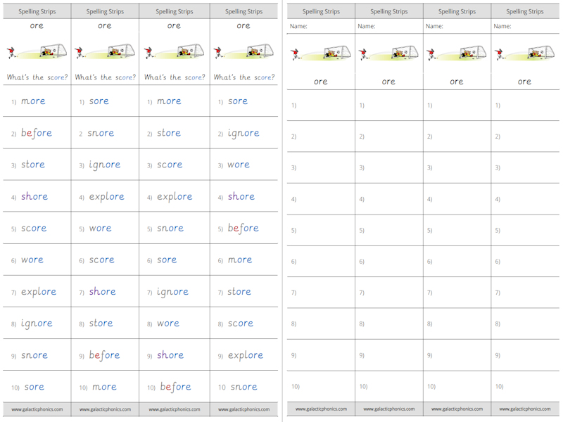 'ore' phonics worksheets and games - Galactic Phonics