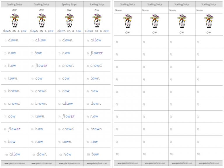 'ow' phonics worksheets and games - Galactic Phonics