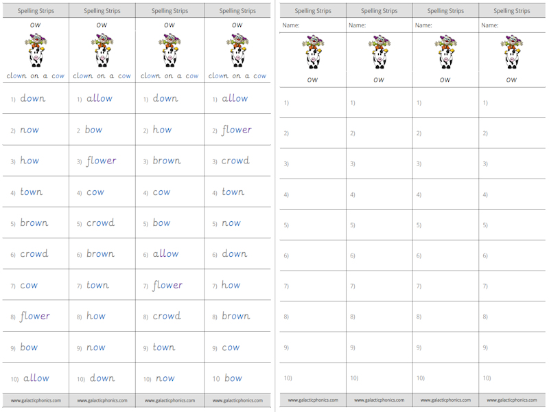 'ow' phonics worksheets and games - Galactic Phonics