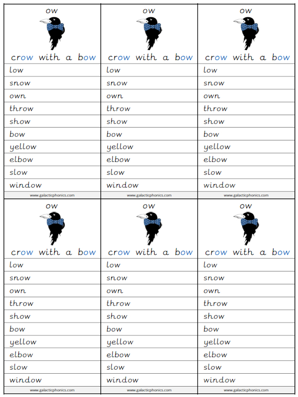 'ow' (long o) phonics worksheets and games - Galactic Phonics