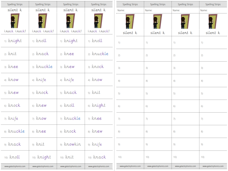 silent k phonics worksheets and games - Galactic Phonics