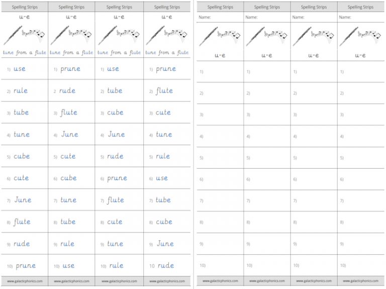 Free 'u-e' (split digraph) phonics worksheets and games - Galactic Phonics
