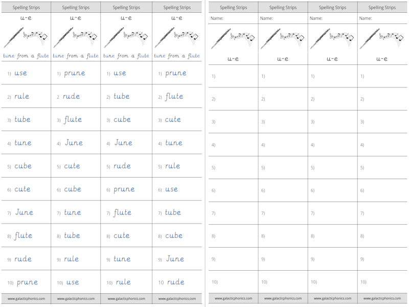 Free 'u-e' (split digraph) phonics worksheets and games - Galactic Phonics