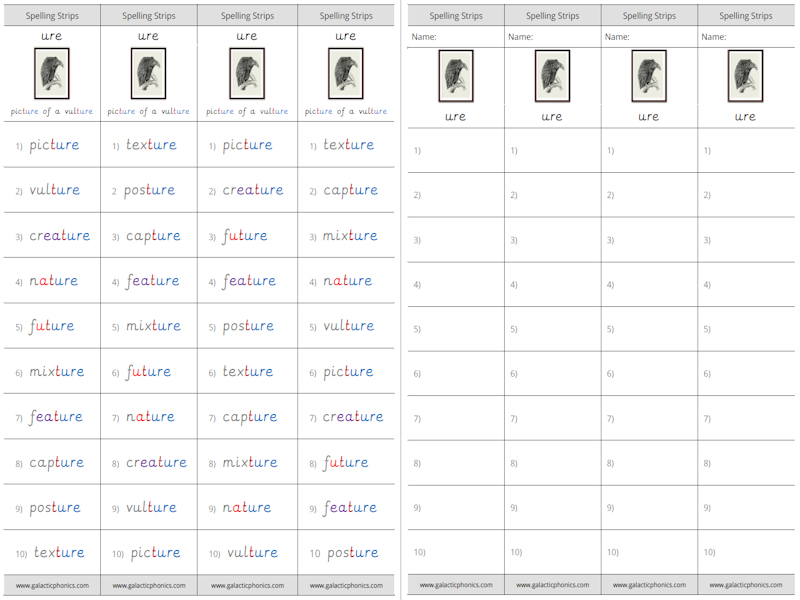 'ure' phonics worksheets and games - Galactic Phonics