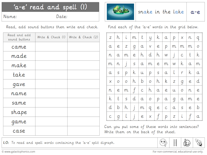 Free 'a-e' (split digraph) worksheets and games - Galactic Phonics