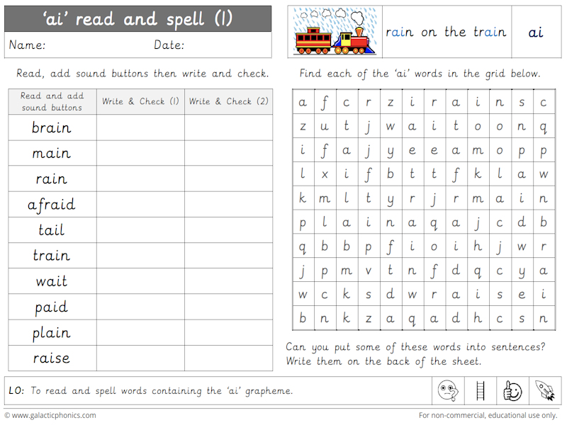 Free 'ai' worksheets and games - Galactic Phonics