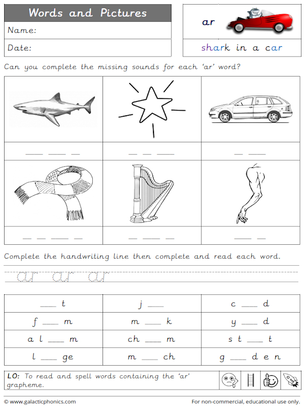 'ar' phonics worksheets and games - Galactic Phonics