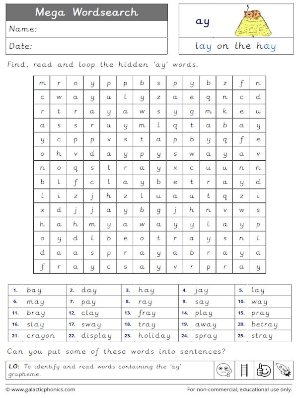 Free 'ay' worksheets and games - Galactic Phonics