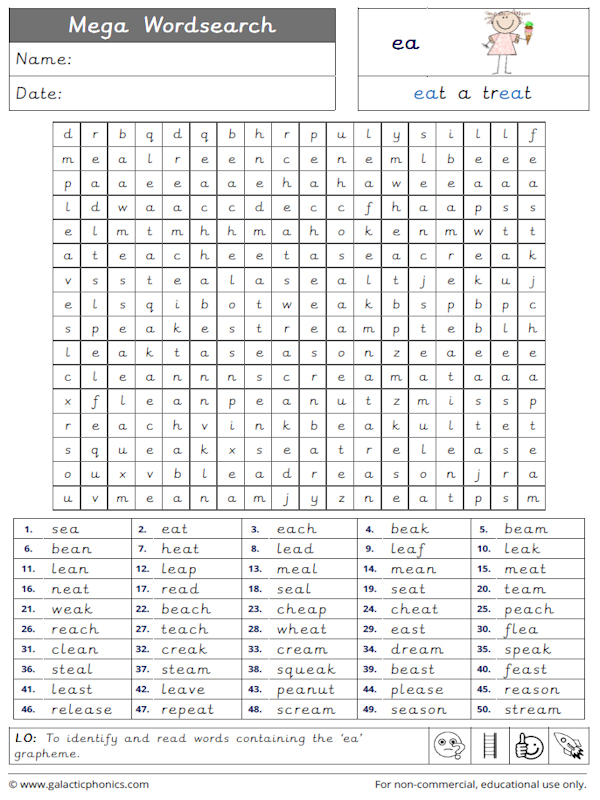 Free 'ea' phonics worksheets and games - Galactic Phonics