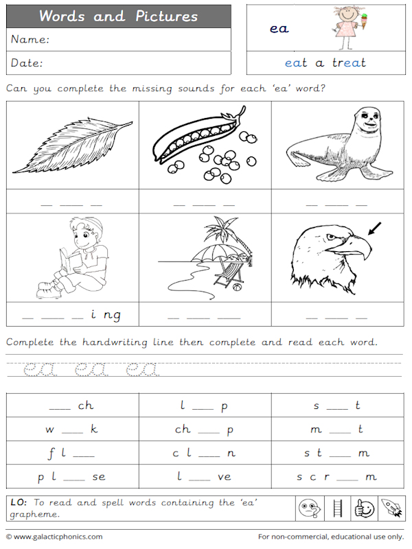Free 'ea' phonics worksheets and games - Galactic Phonics