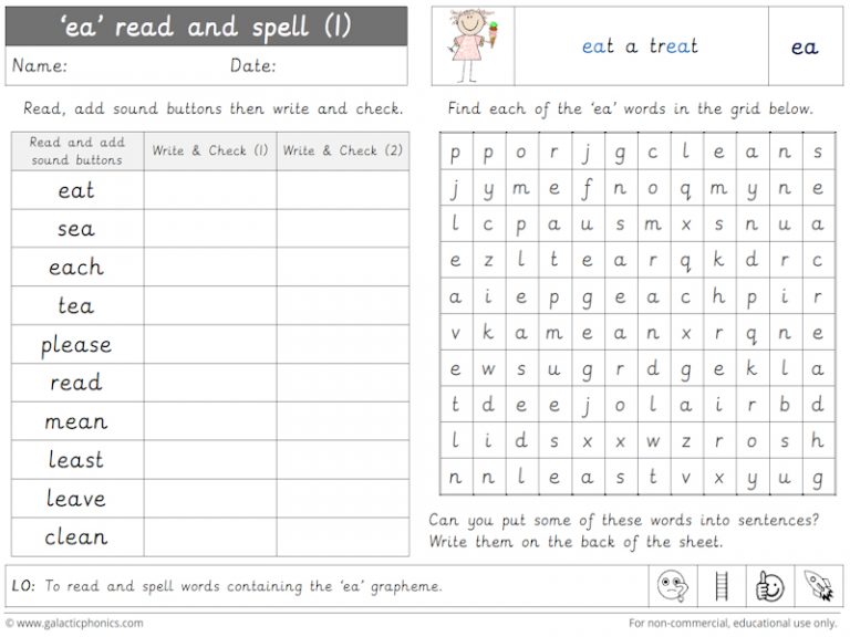 Free 'ea' phonics worksheets and games - Galactic Phonics