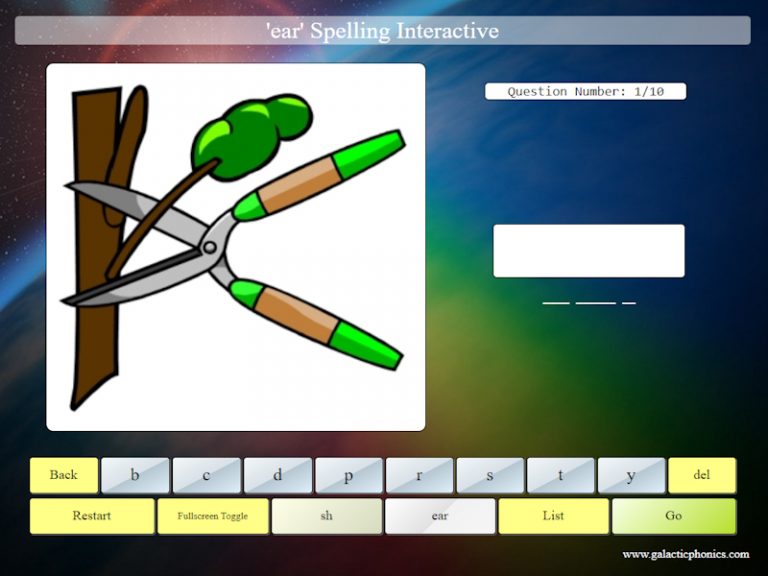 'ear' phonics worksheets and games - Galactic Phonics