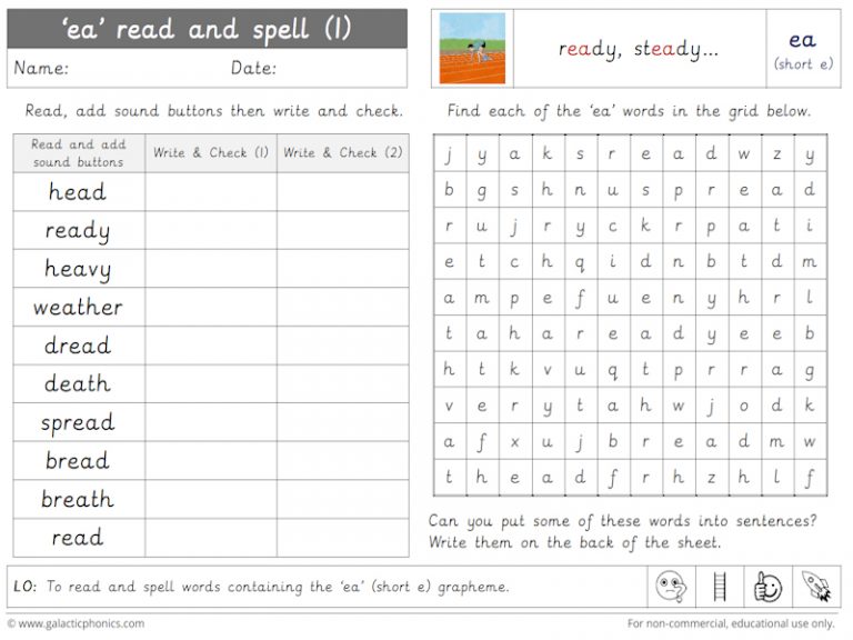 'ea' (short e) phonics worksheets and games - Galactic Phonics